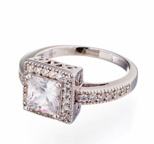 Antique Inspired Princess Cut Bezel Set Cubic Zirconia Engagement Ring ...